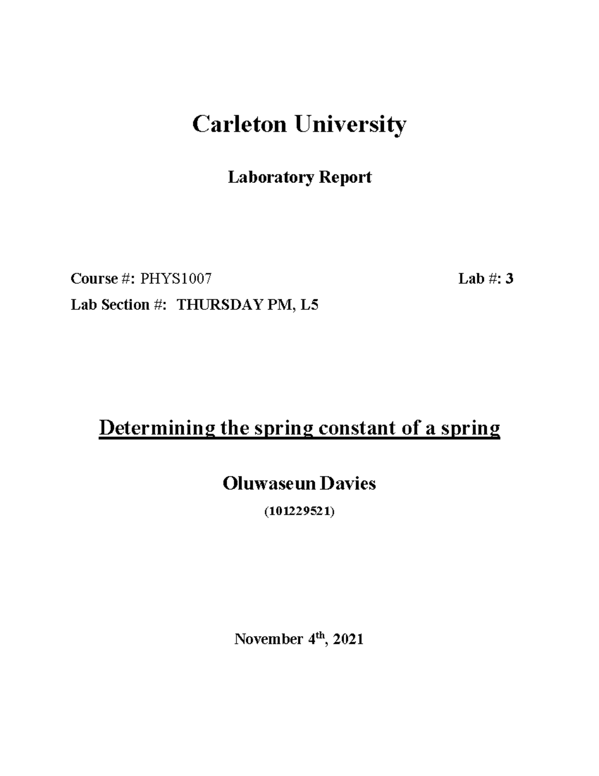 Spring Constant Lab - Phys 1007 - Carleton - Studocu