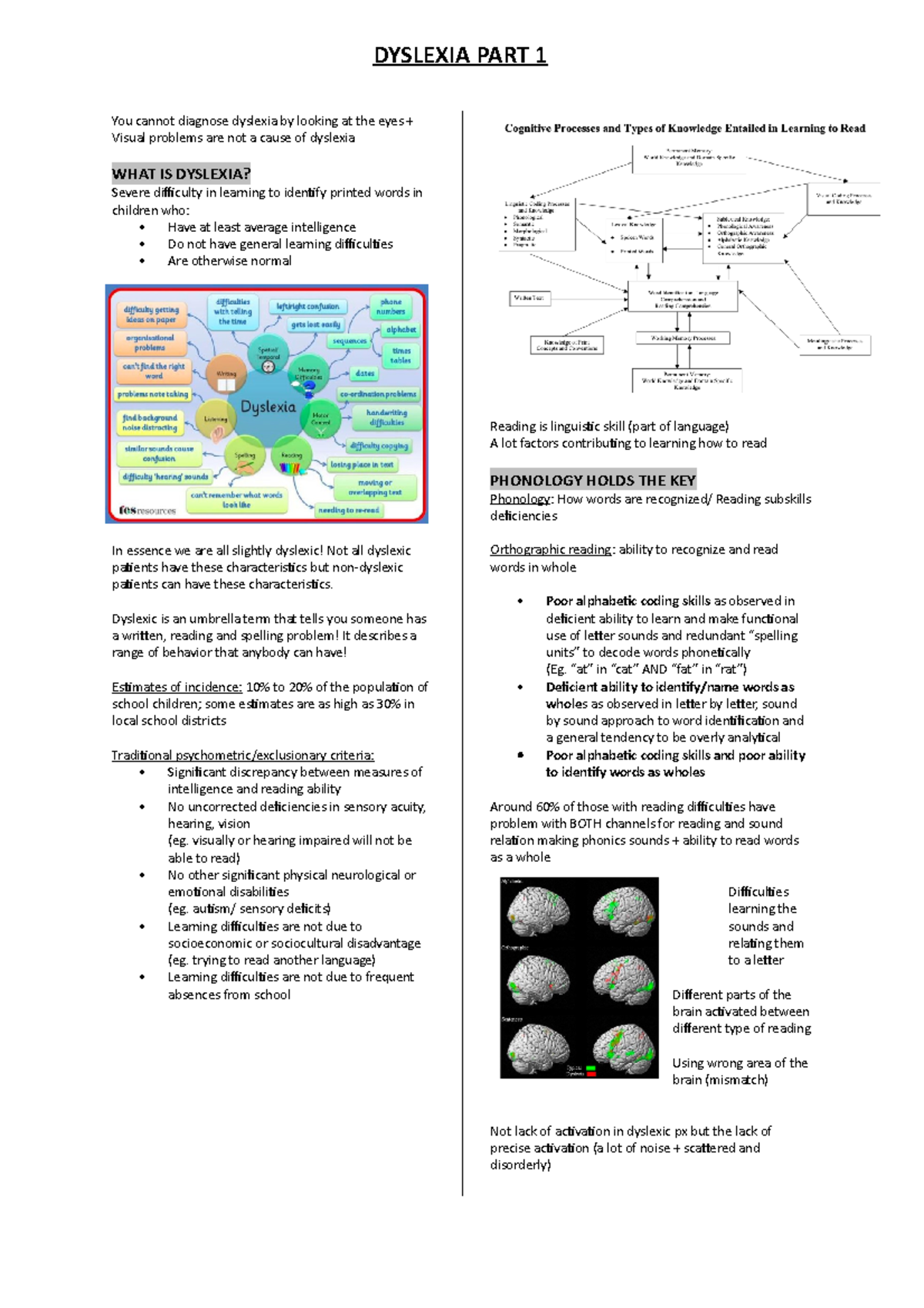5 - Dyslexia - Lecture notes 5 - You cannot diagnose dyslexia by ...