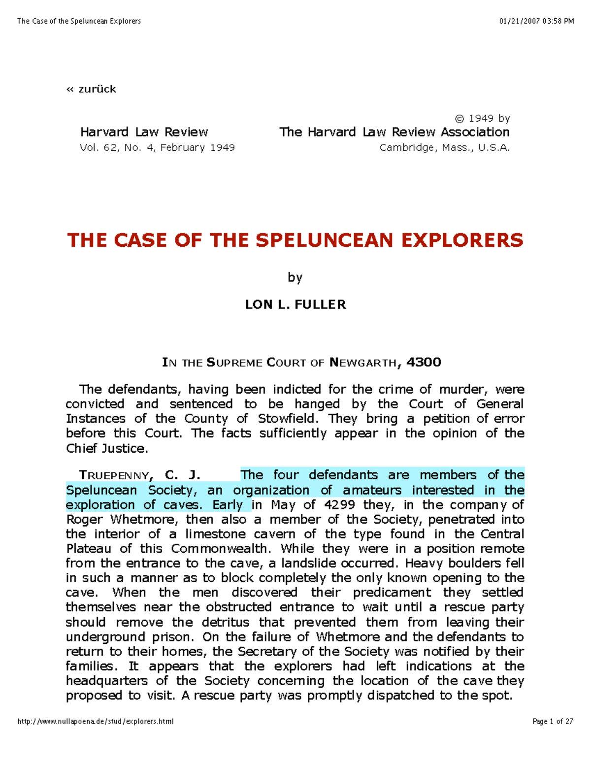 The Case Of The Speluncean Explorers - « zurück Harvard Law Review Vol ...
