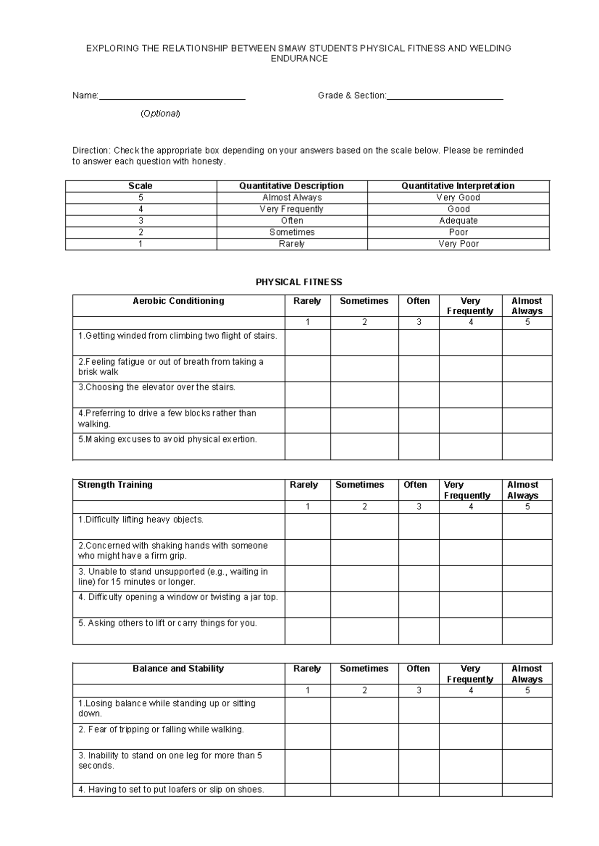 QU—NI - research sample - EXPLORING THE RELATIONSHIP BETWEEN SMAW STUDENTS PHYSICAL FITNESS AND ...