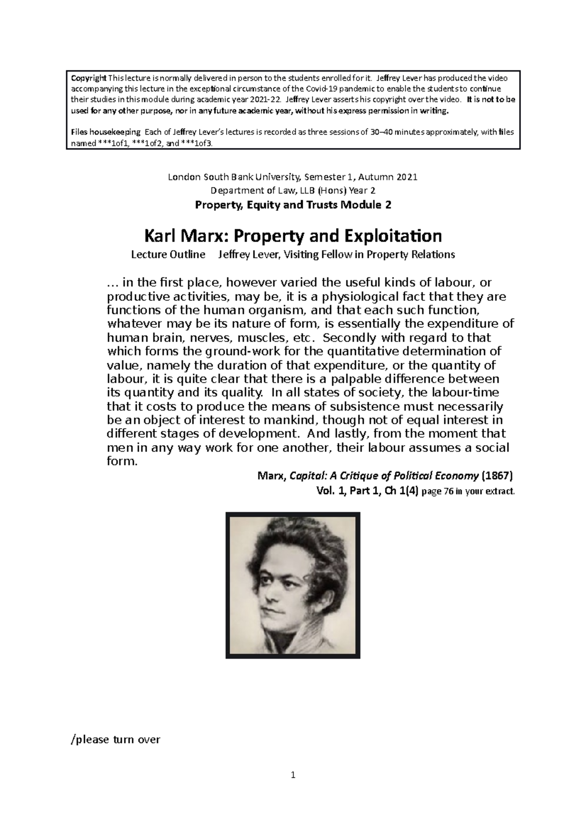 03 Karl Marx property and exploitation lecture outline - Copyright This ...