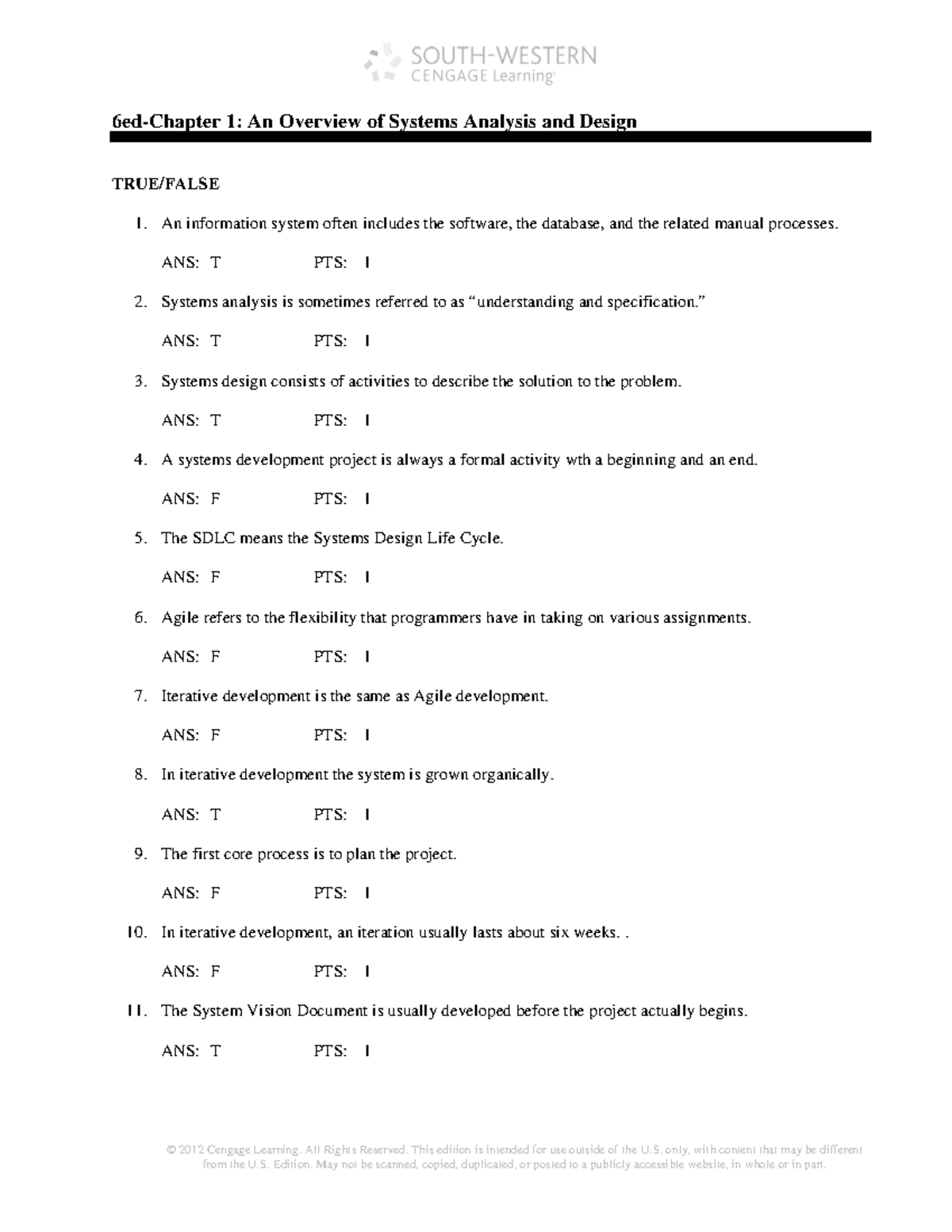 Test bank Ch1,2,3,4 - © 2012 Cengage Learning. All Rights Reserved ...