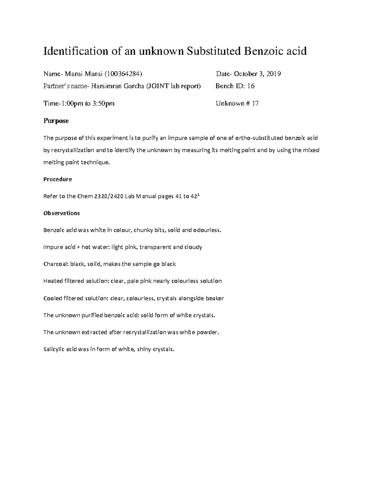 Identification of an unknown Substituted Benzoic acid - Procedure Refer ...