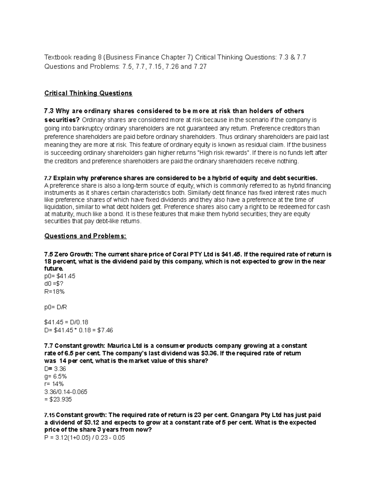 FIN111 - Tutorial Week 9 - Textbook reading 8 (Business Finance Chapter ...