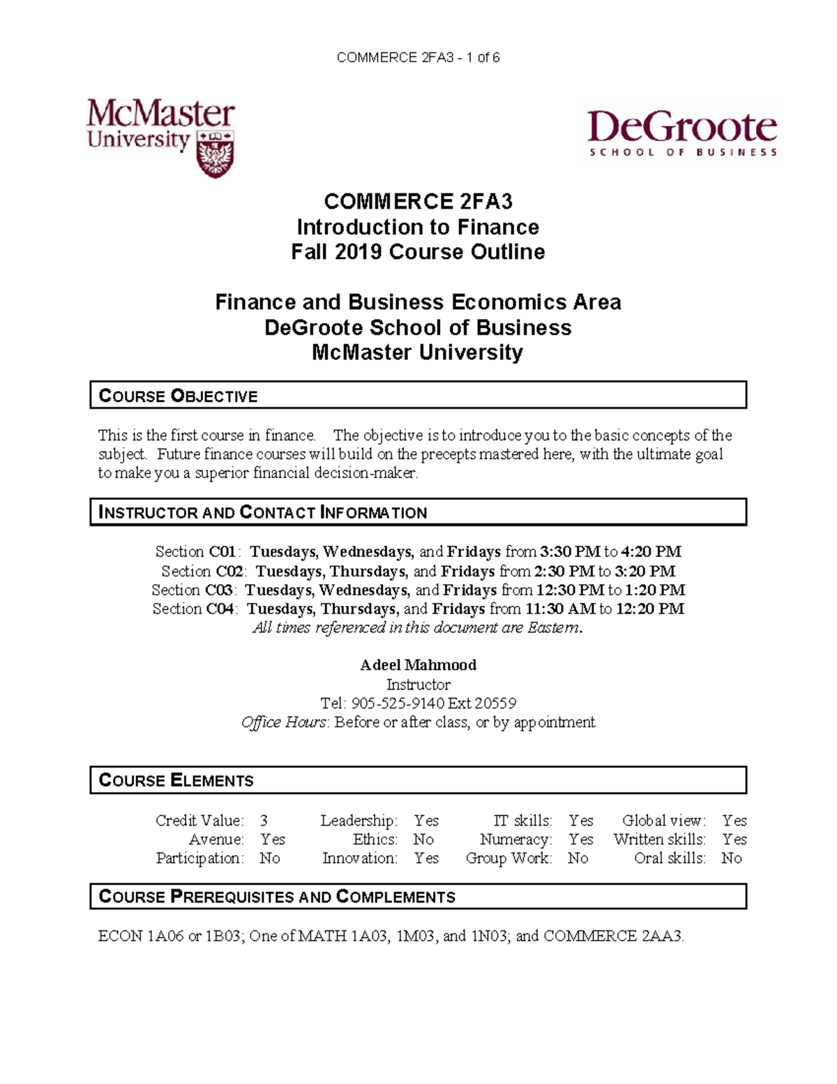 Commerce 2FA3 - 2019-3-F - COMMERCE 2FA Introduction to Finance Fall ...