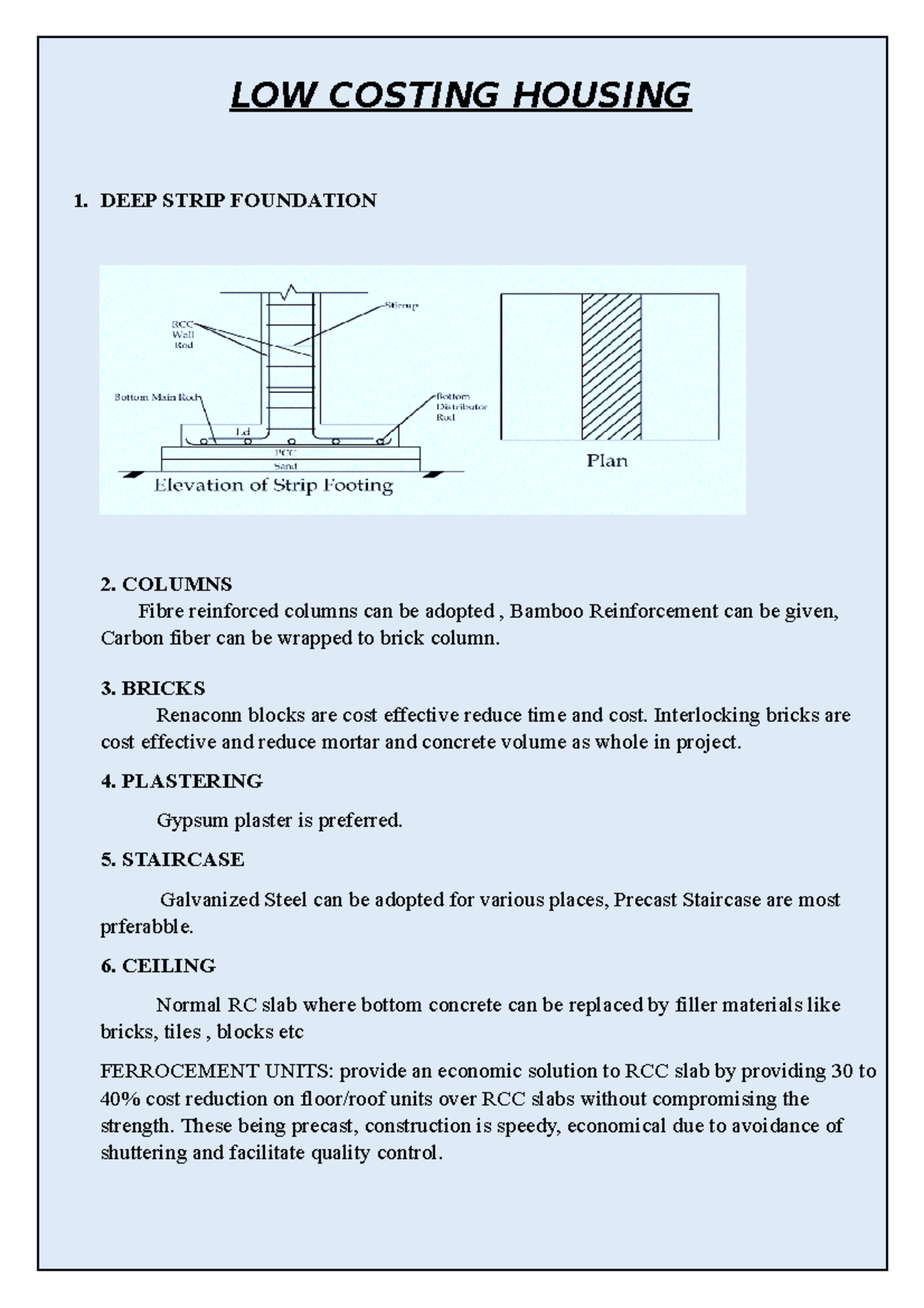 Materials LOW COST HOUSING LOW COSTING HOUSING 1 STRIP FOUNDATION 2
