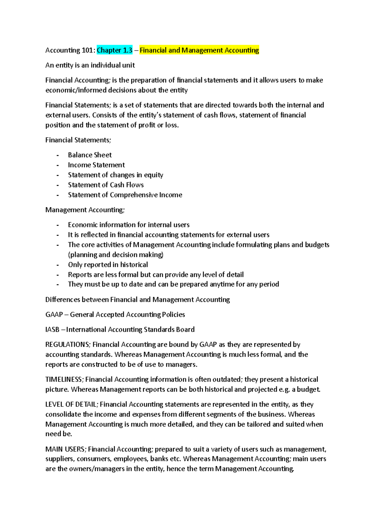 Accounting 101 Lecture Notes - Accouning 101: Chapter 1 – Financial and ...