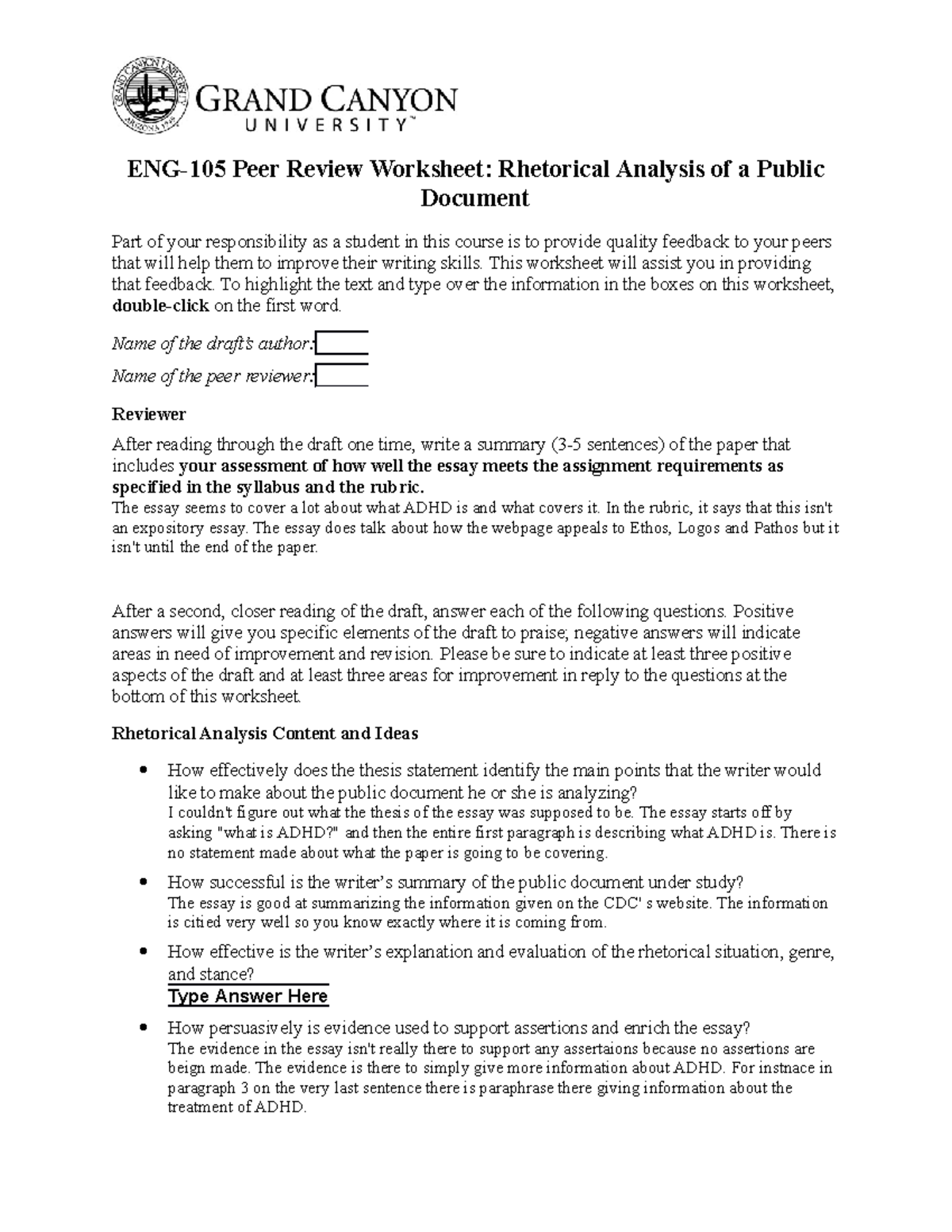 ENG105 Rhetorical Analysis Peer Review Worksheet - ENG-105 Peer Review ...