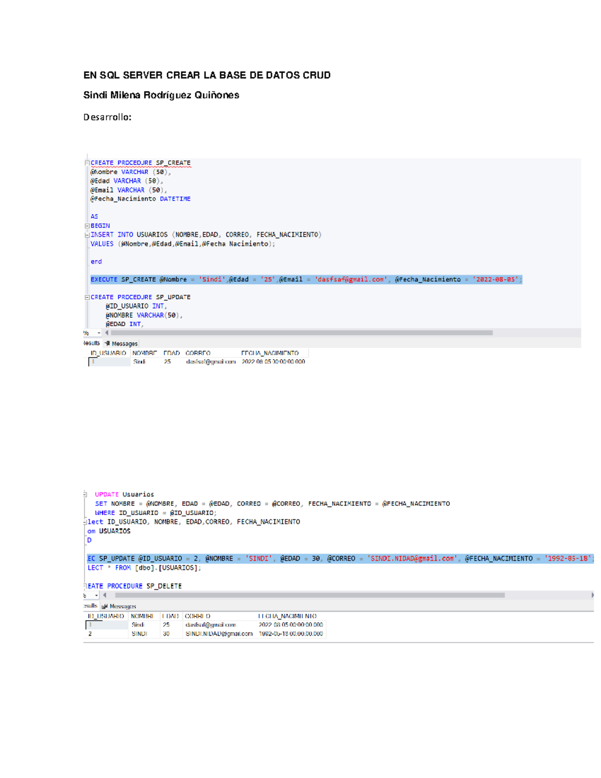 Taller en Clase - base de datos - EN SQL SERVER CREAR LA BASE DE DATOS CRUD Sindi Milena ...