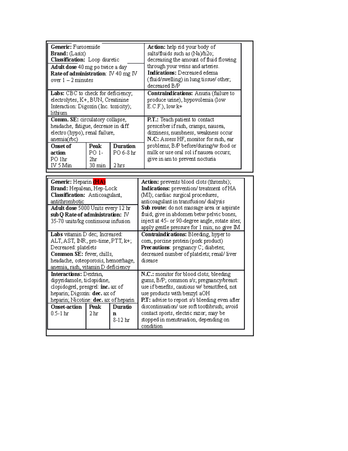 Drug Cards Lasix and Heprin - Generic: Heparin (HA) Brand: Hepalean ...