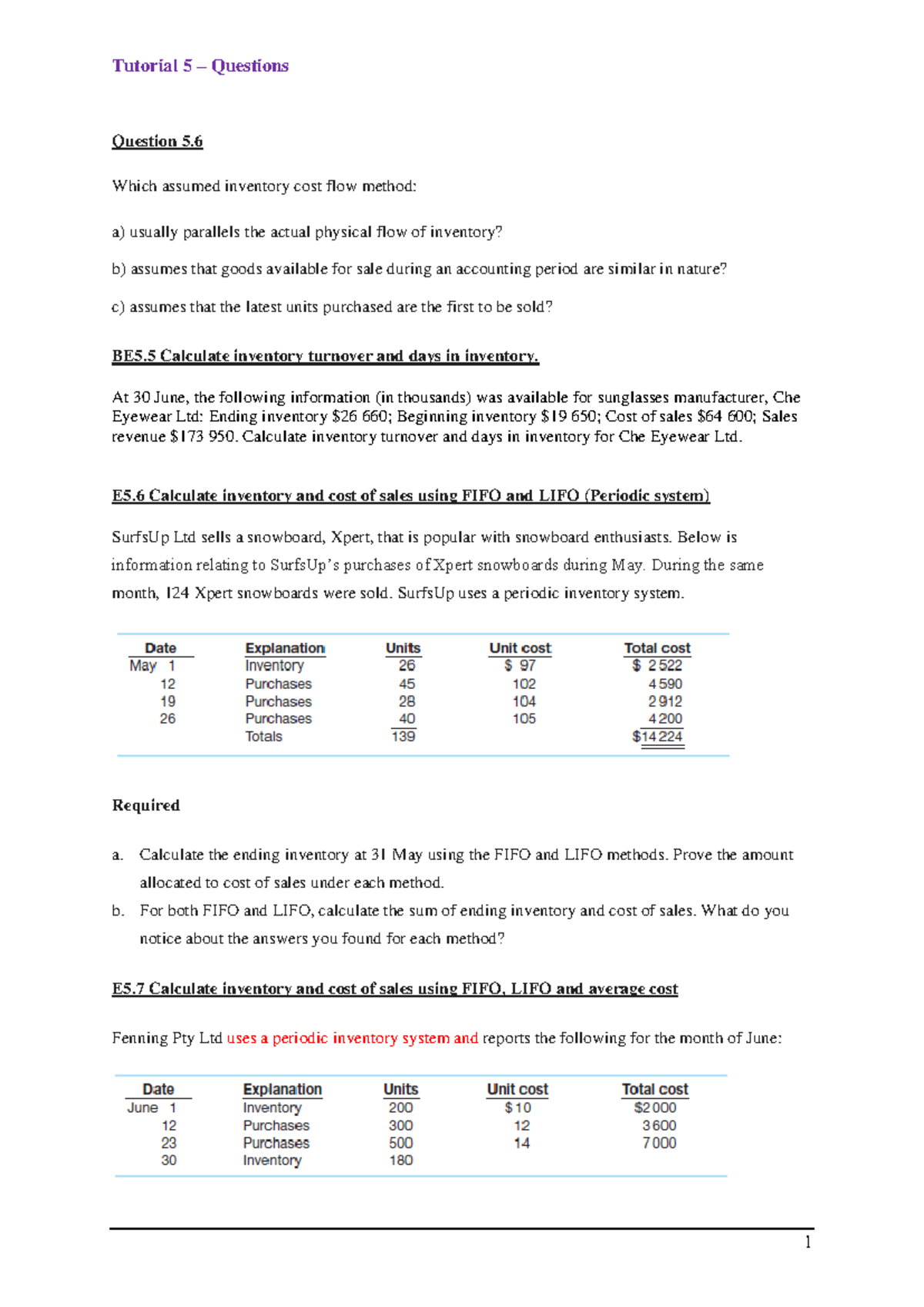 FIFO, LIFO, Average Cost General Ledgers - Tutorial 5 – Questions 1 ...