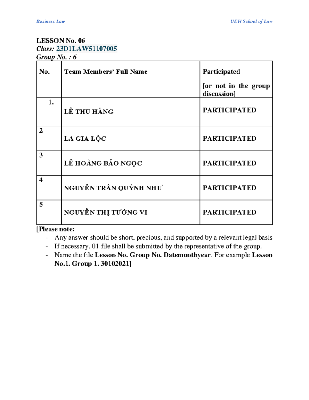 Lesson-No.06 - assignment - LESSON No. 06 Class: 23D1LAW Group No. : 6 ...