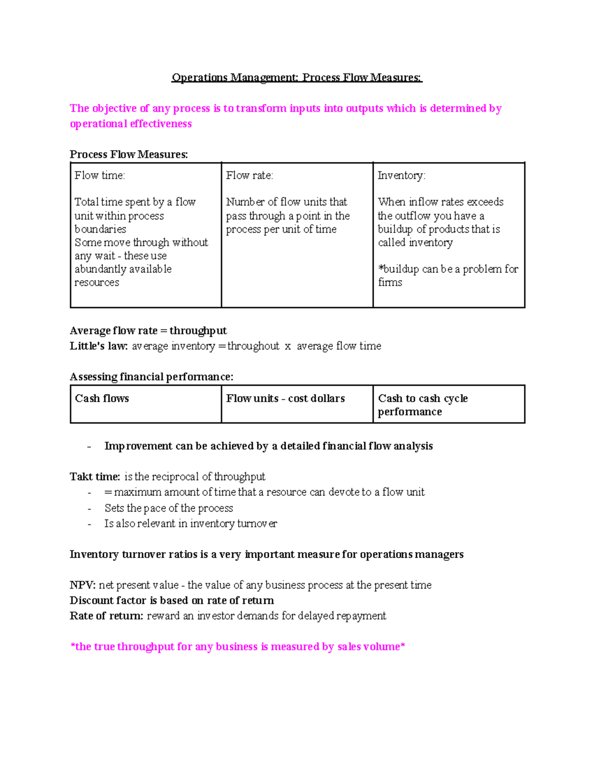 Operations Management M3 Lecture Notes Process Flow Measures ...