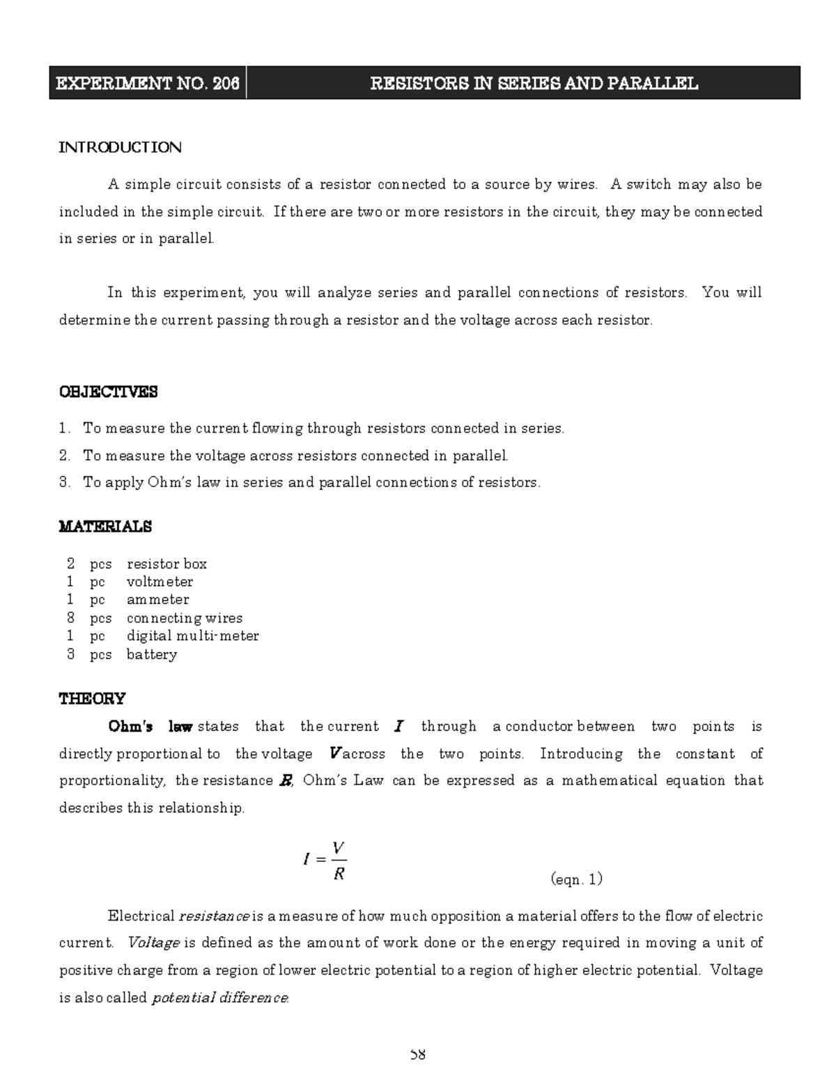 E206 Series and Parallel Circuits Procedure 2 - EXPERIMENT NO. 206 ...