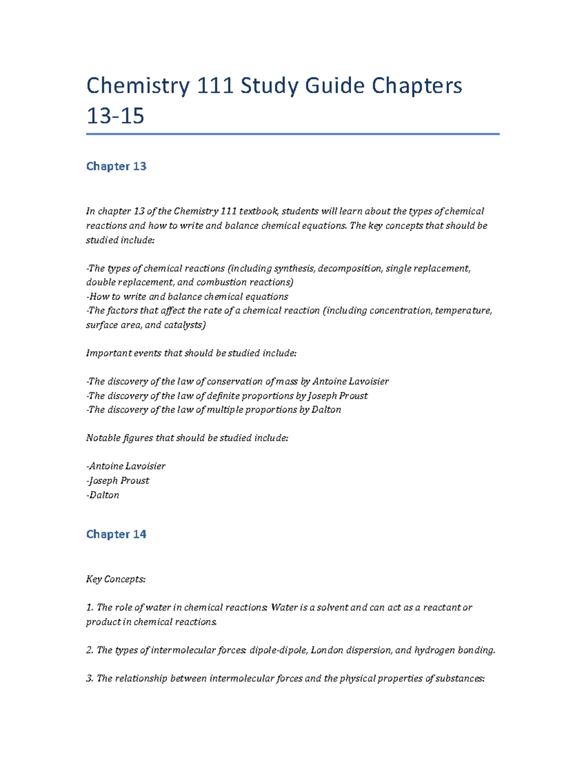 Chemistry 111 Study Guide Chapters 13-15 - Chemistry 111 Study Guide ...