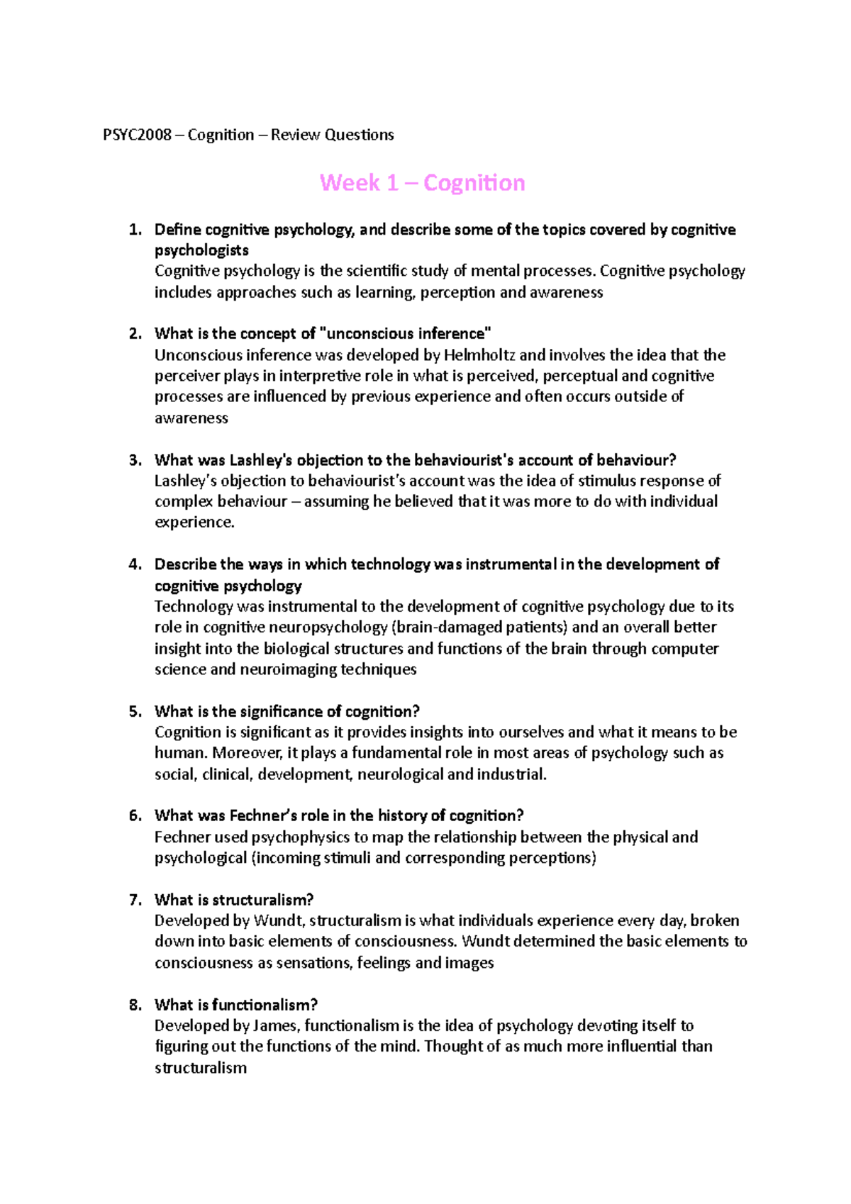Summary Questions for PSYC2008 - PSYC2008 – Cognition – Review Questions Week 1 – Cognition 1 ...
