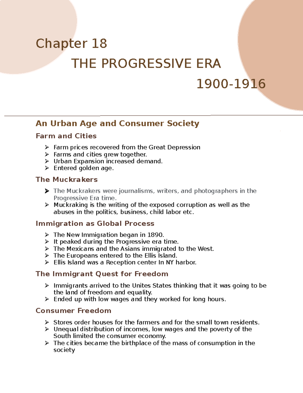 Chapter 18 notes - assignment - Chapter 18 THE PROGRESSIVE ERA 1900- An ...