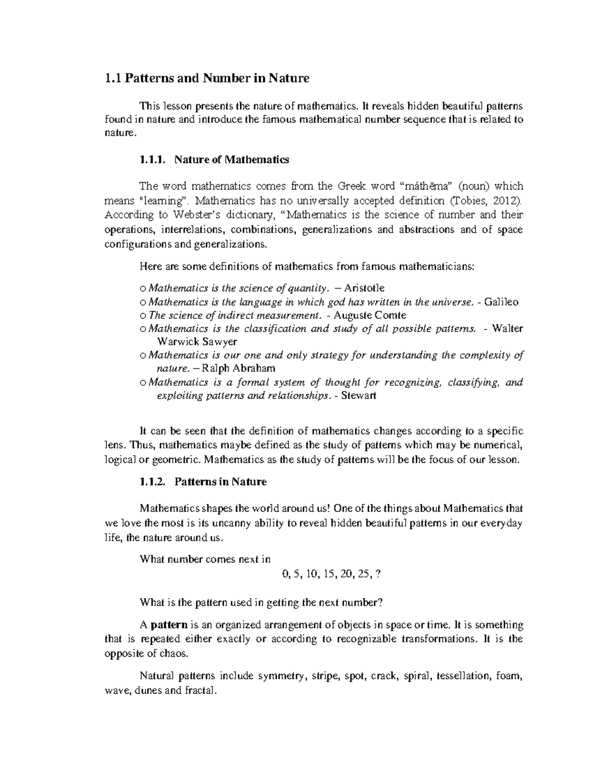 Chapter-1 - MMW - 1 Patterns and Number in Nature This lesson presents the nature of mathematics ...