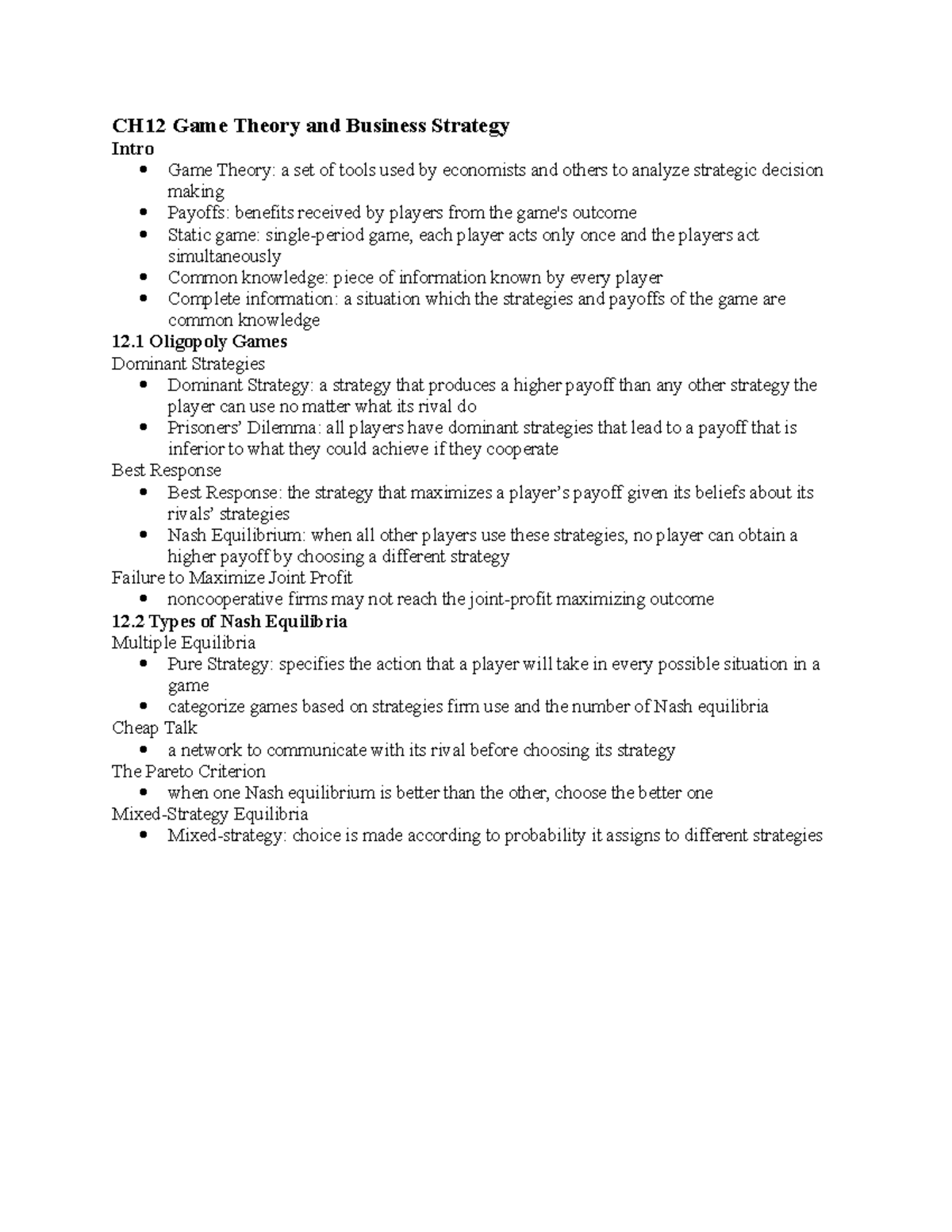 Chapter 12 Game Theory Note CH12 Game Theory And Business Strategy chapter-12-game-theory-note-ch12-game-theory-and-business-strategy