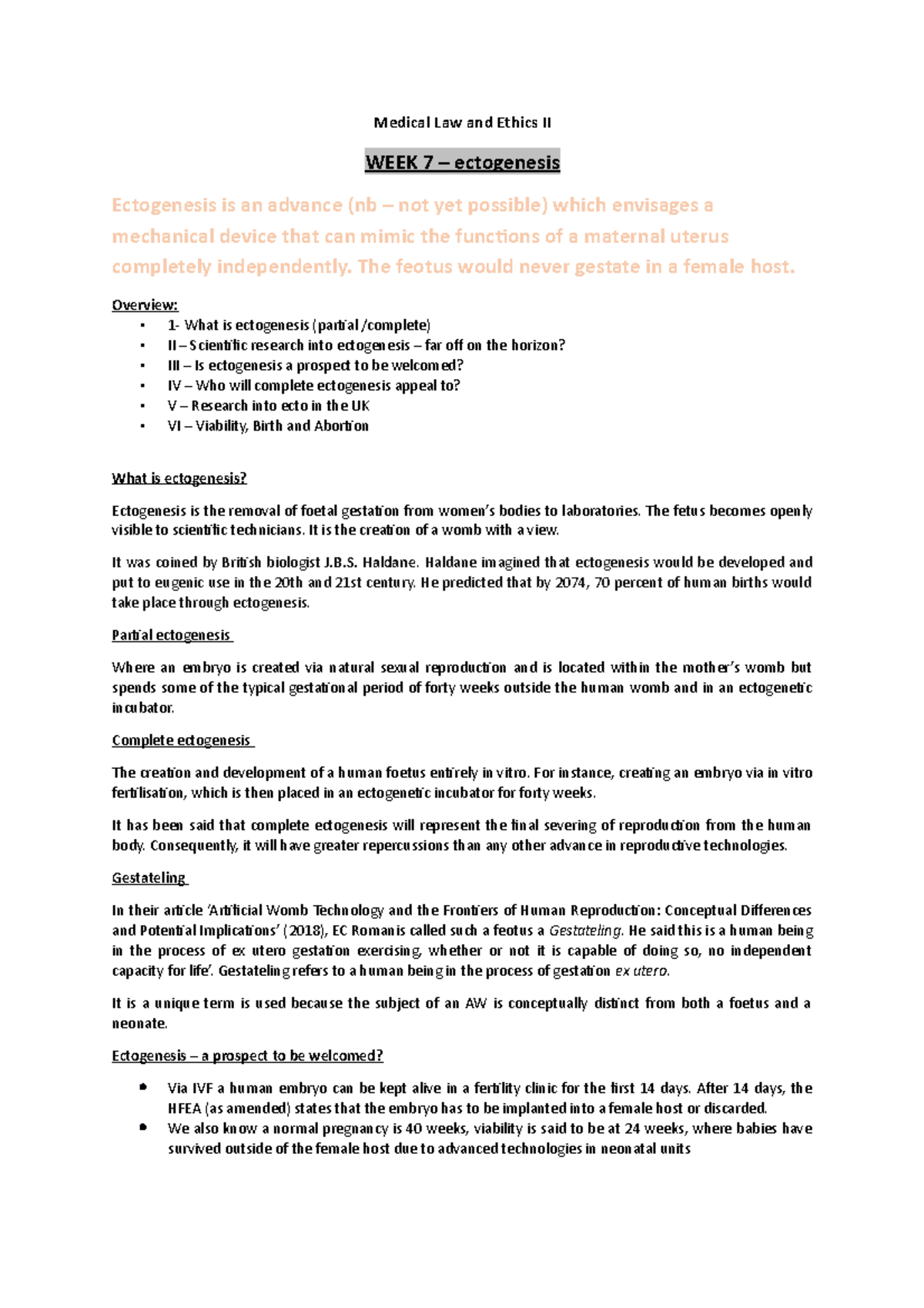 Medical law II ectogenesis lecture - Medical Law and Ethics II WEEK 7 ...