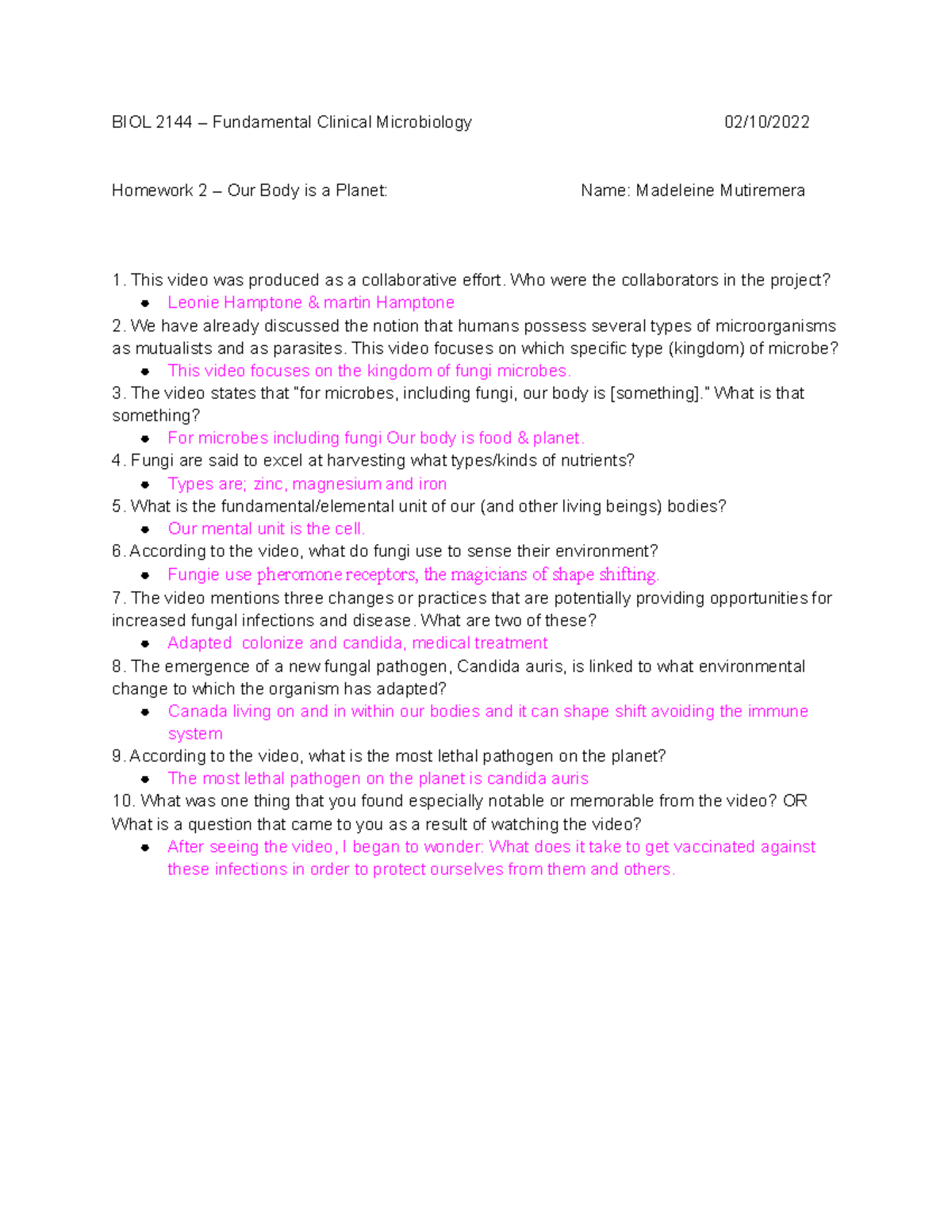 answer key from vidio 1 - BIOL 2144 – Fundamental Clinical Microbiology ...