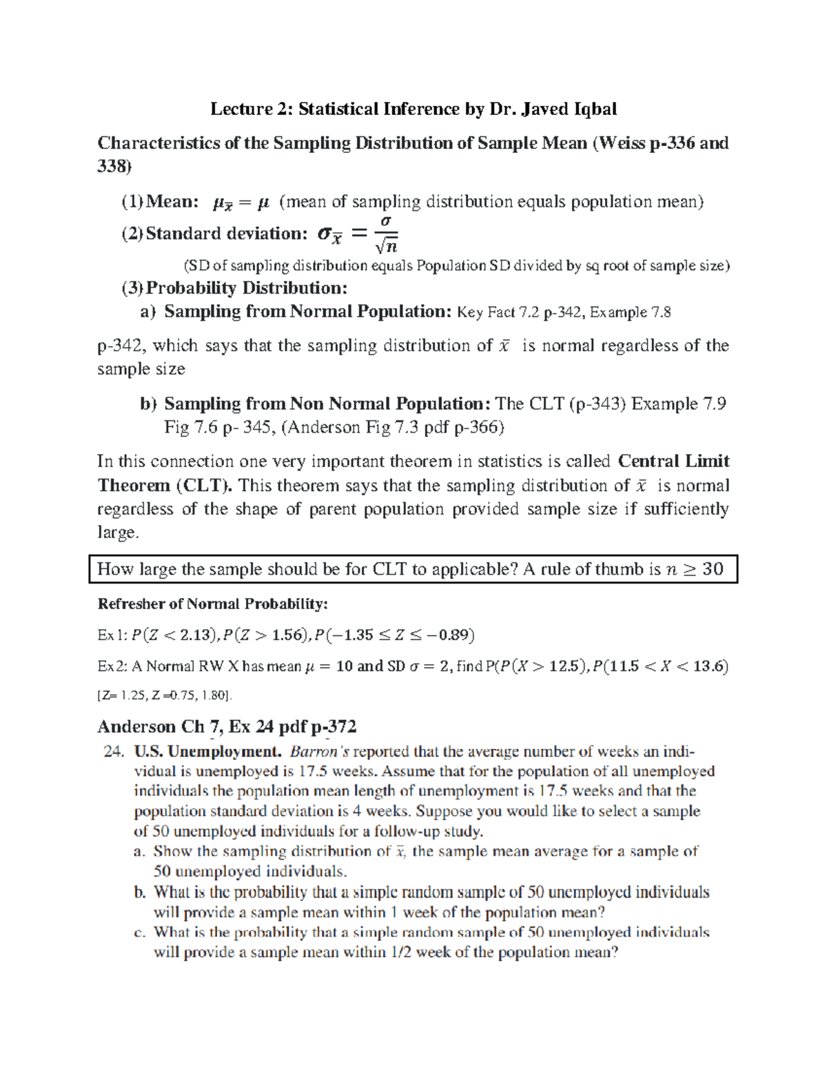 Lecture 2 - Lecture 2: Statistical Inference by Dr. Javed Iqbal ...