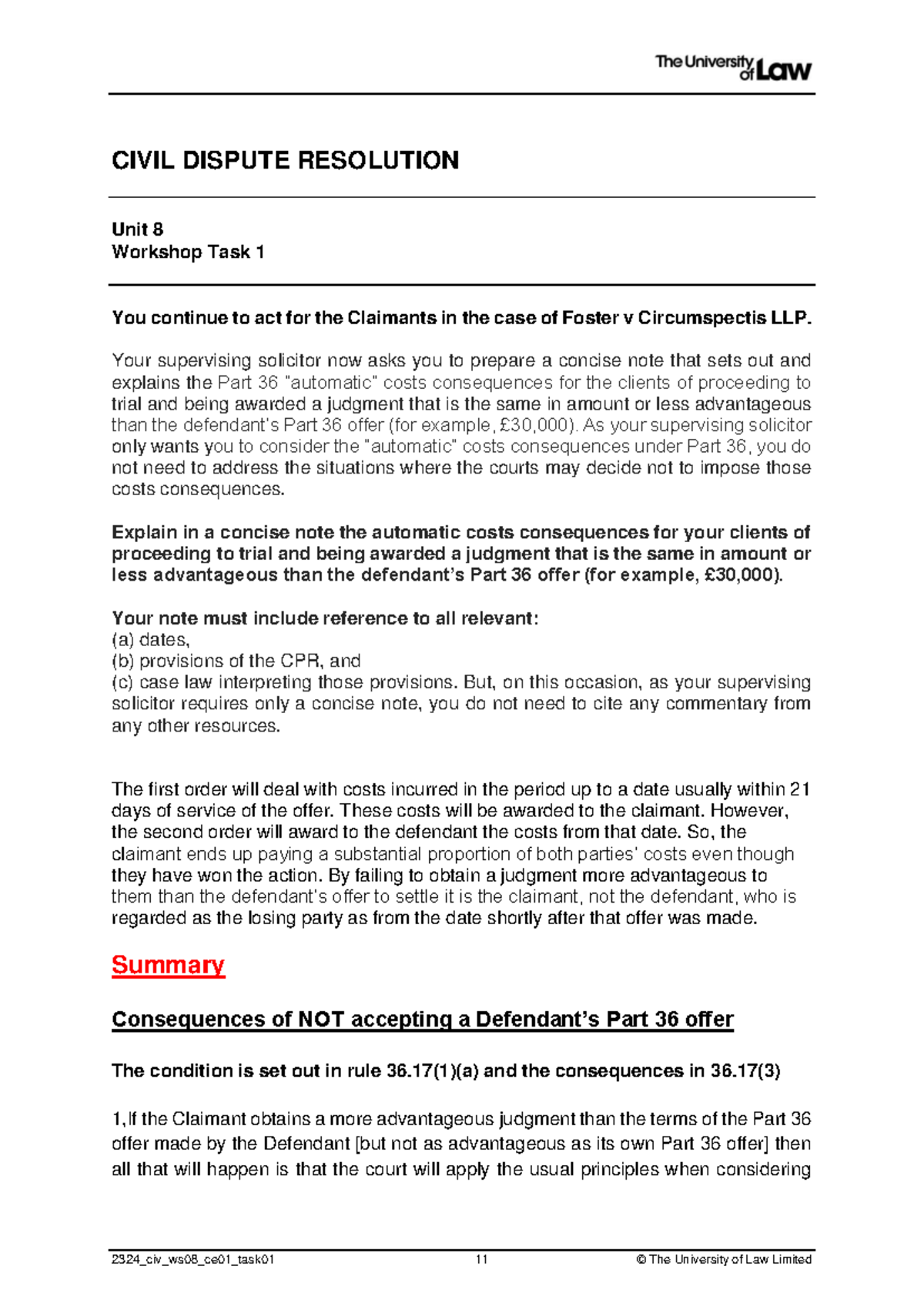 Part 36 offer - 2324_civ_ws08_ce01_task01 11 © The University of Law ...