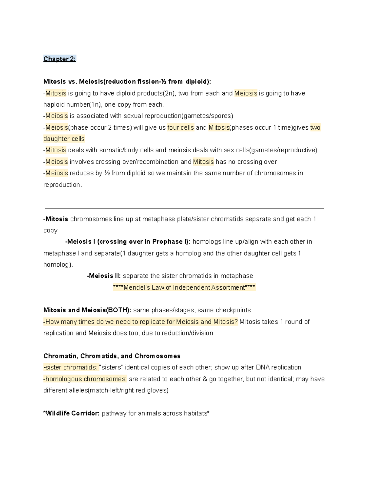Genetics Chapters 1-5 - Chapter 2: Mitosis vs. Meiosis(reduction ...