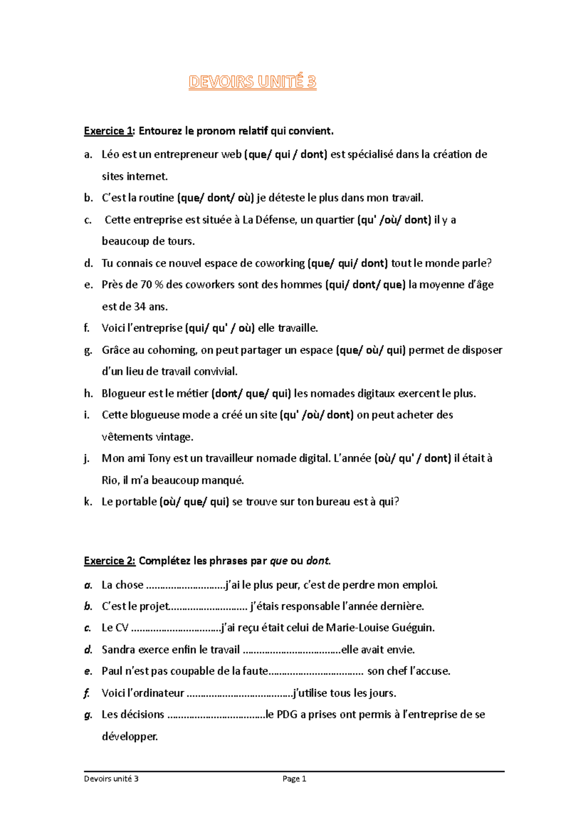 Devoirs unité 3-Travailler autrement - DEVOIRS UNITÉ 3 Exercice 1 ...