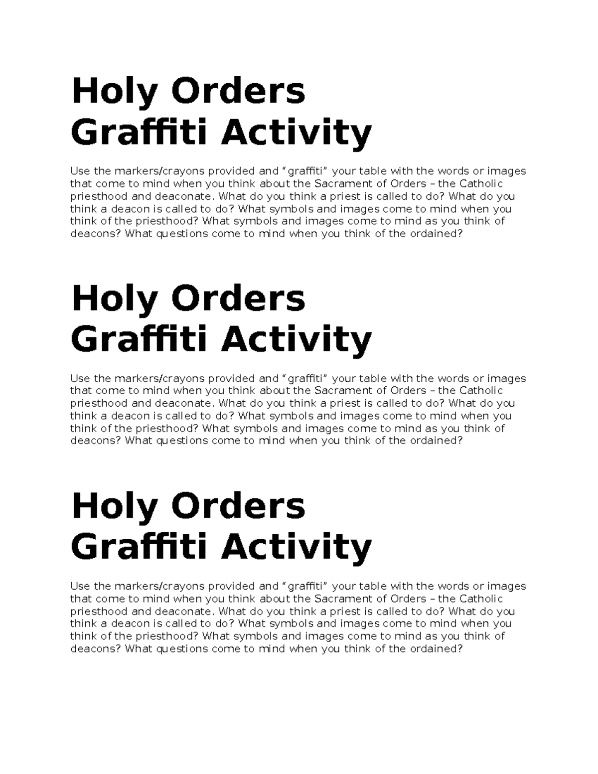 The rite of holy orders handouts - Holy Orders Graffiti Activity Use ...