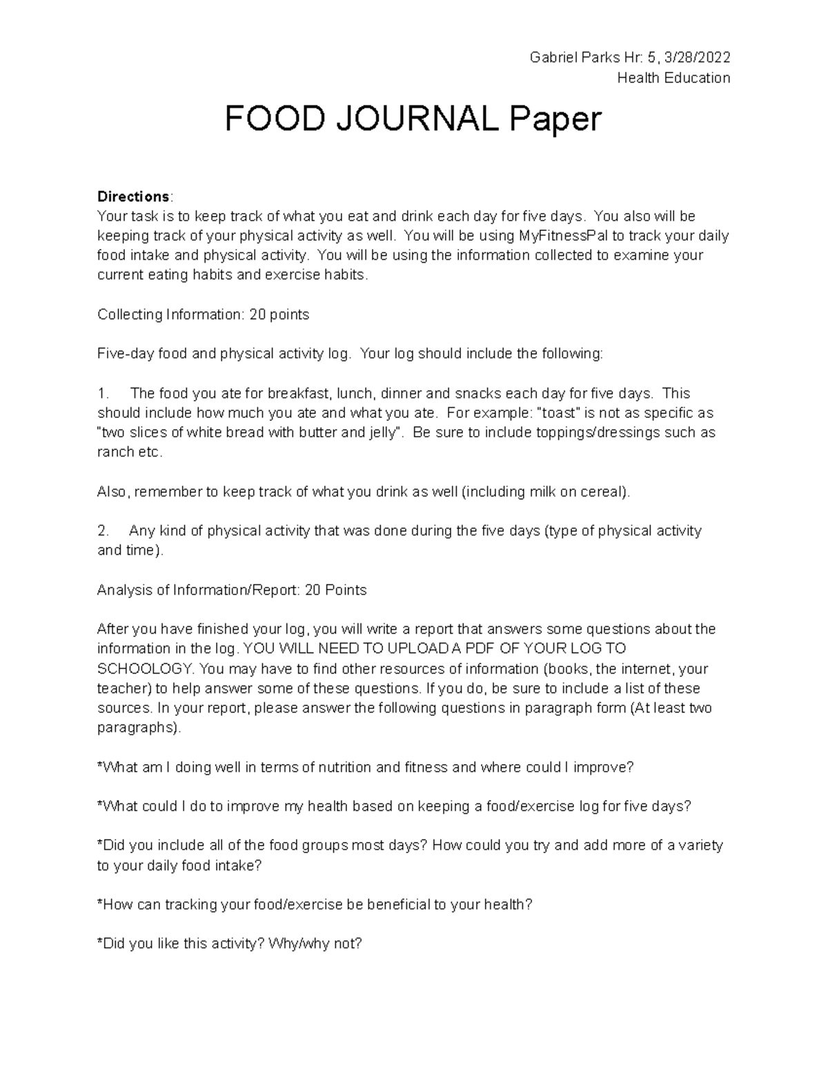 FOOD Journal Paper - Health Education Instructor: Luciano Crescintini ...