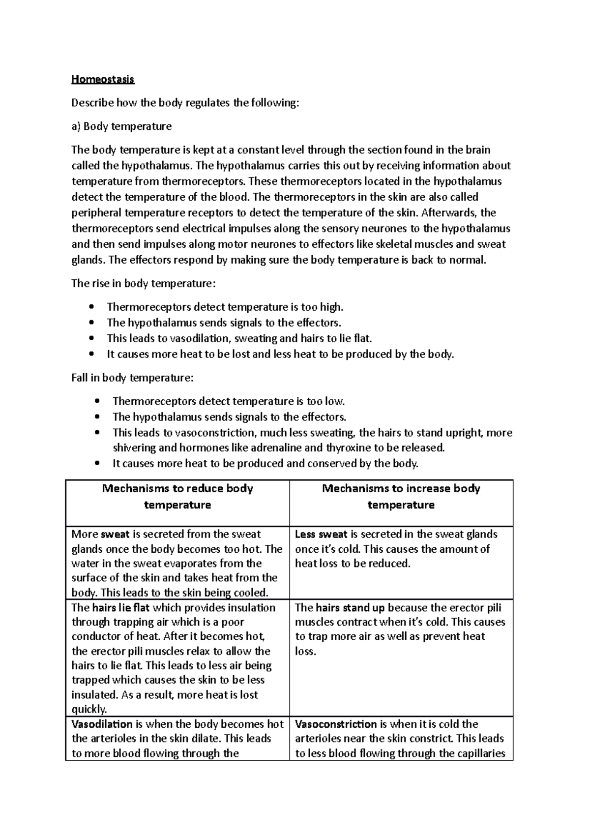 Homeostasis - Homeostasis Describe how the body regulates the following ...
