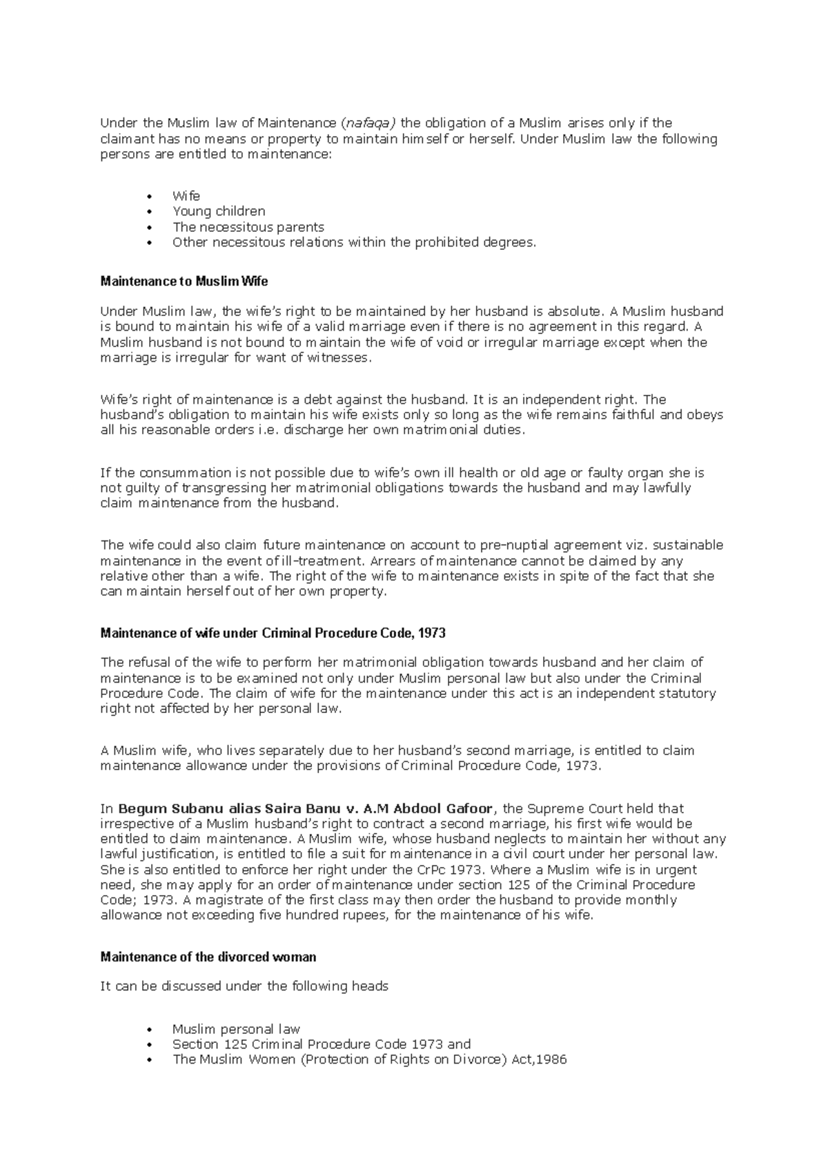 Maintenance of wife - Under the Muslim law of Maintenance (nafaqa) the ...