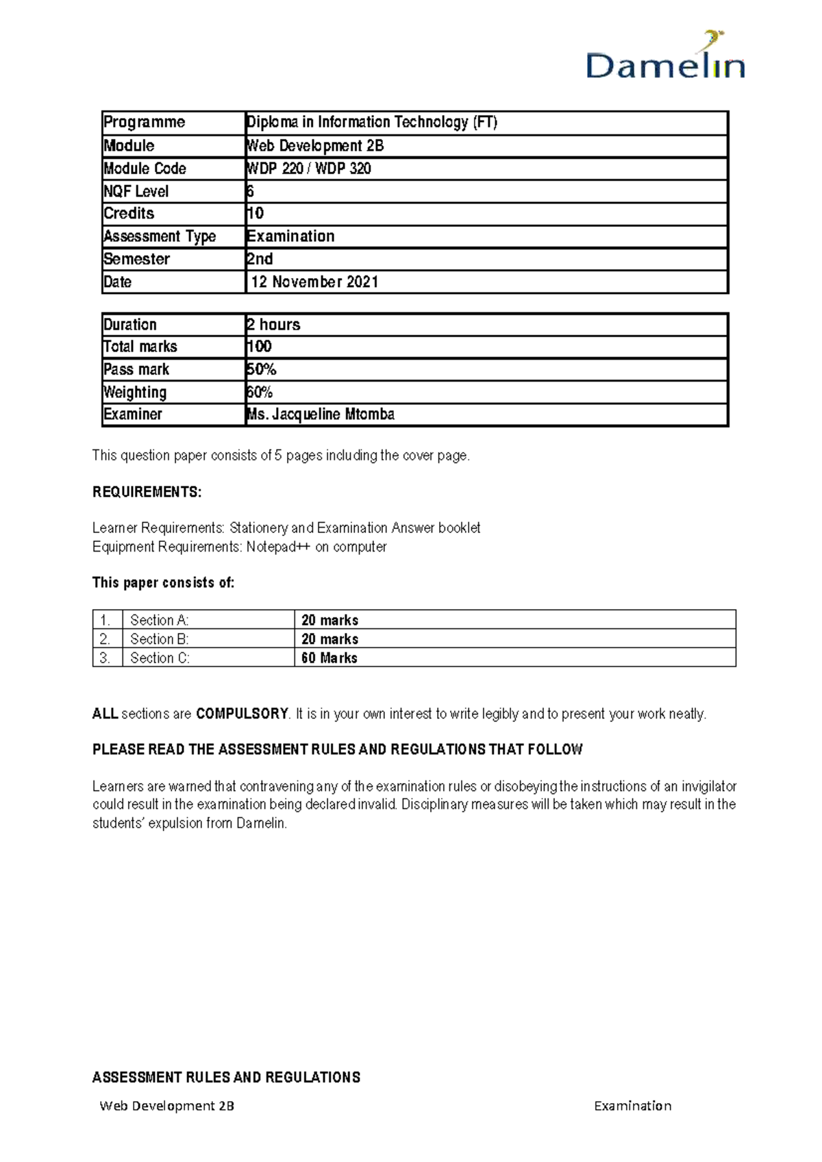 Web Development 2B Exam - Programme Diploma in Information Technology ...