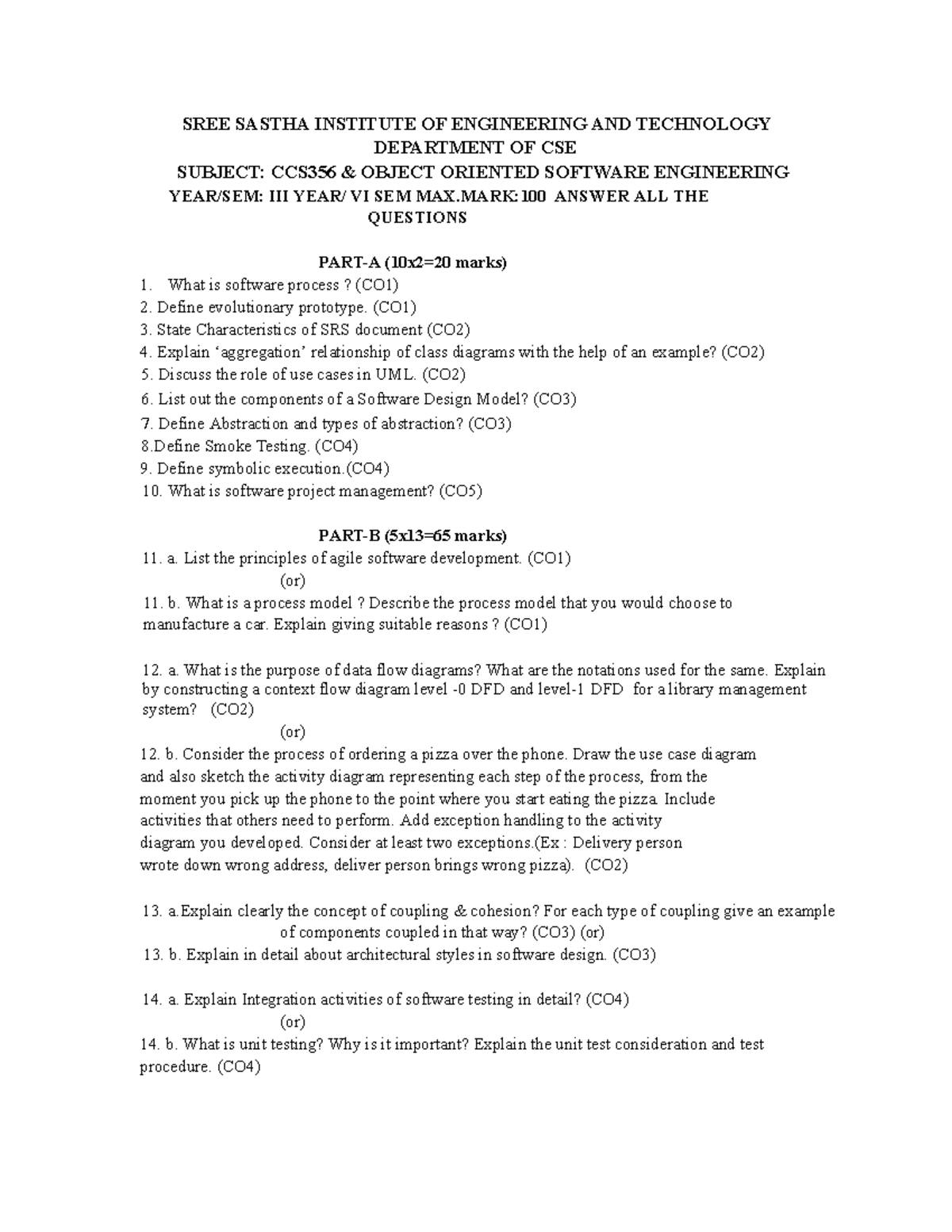 CCS356 QP2 - OOSE - SREE SASTHA INSTITUTE OF ENGINEERING AND TECHNOLOGY DEPARTMENT OF CSE ...