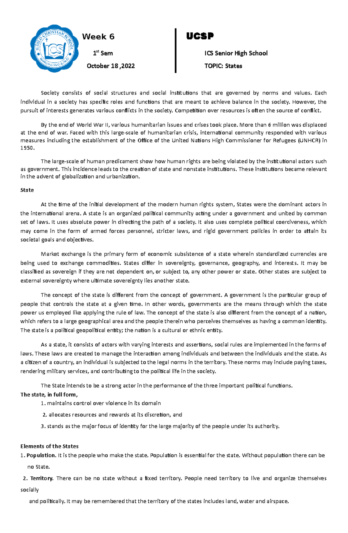 Week 6 UCSP - States - Week 6 UCSP 1 st Sem ICS Senior High School ...