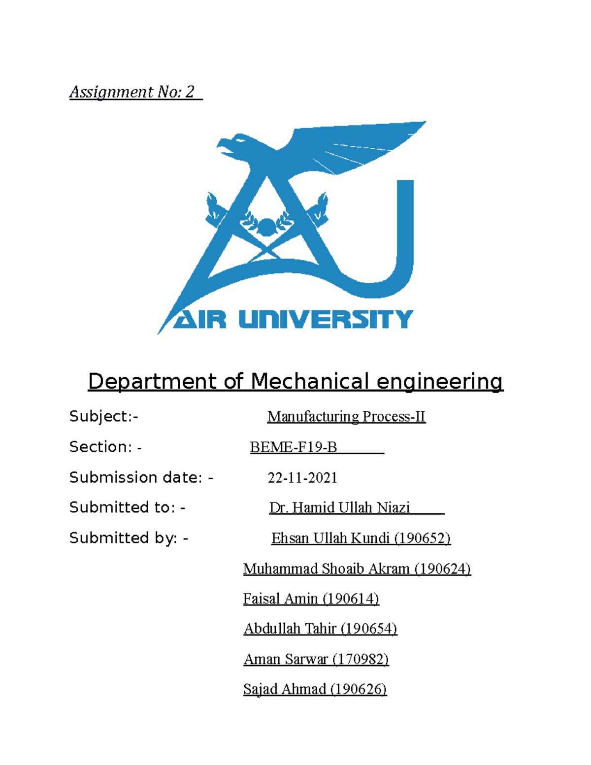 MP-2 Assignment 2(part a) Abdullah Tahir - Assignment No: 2 Department of Mechanical engineering ...