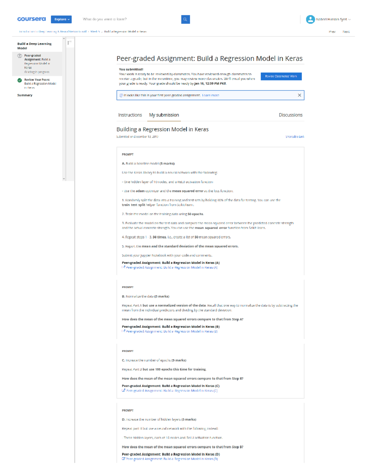 Peer-graded Assignment Build a Regression Model in Keras - Networking - Studocu