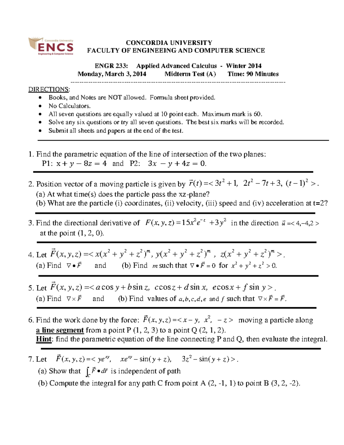 Engr233 midterm w2014 1 - ENGR 233: Applied Advanced Calculus - Winter 2014 Monday, March 3 ...