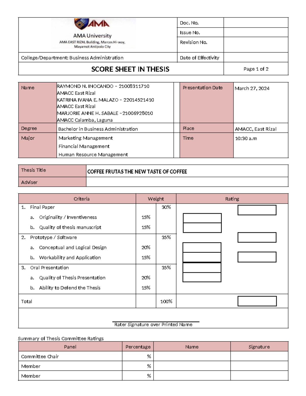 Score- Sheet- thesis - Doc. No. Issue No. Revision No. College ...