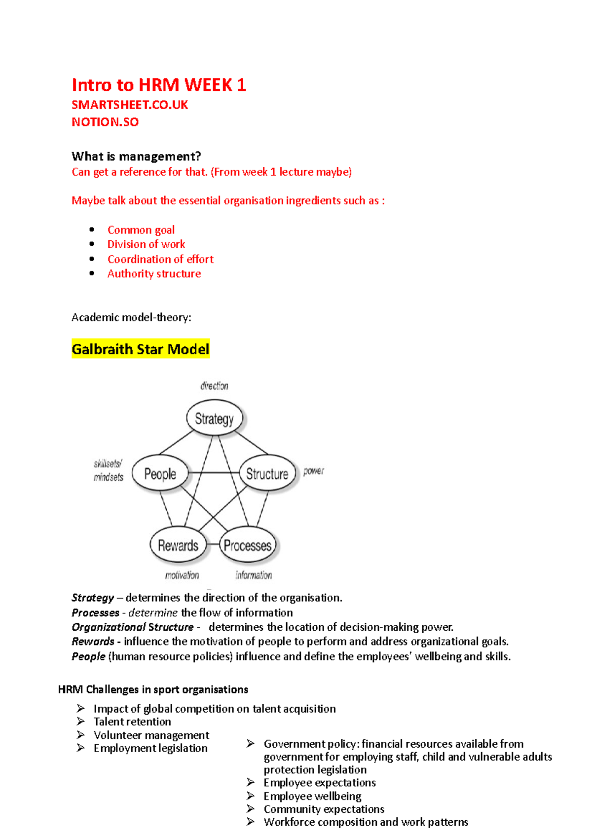 Week 1 Lecture - sass - Intro to HRM WEEK 1 SMARTSHEET.CO NOTION What is management? Can get a ...