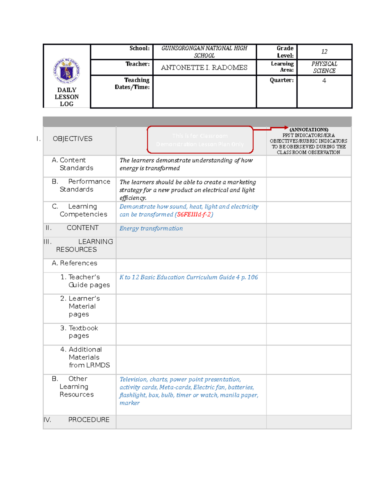 Sample Daily Lesson PLAN - DAILY LESSON LOG School: GUINSORONGAN ...
