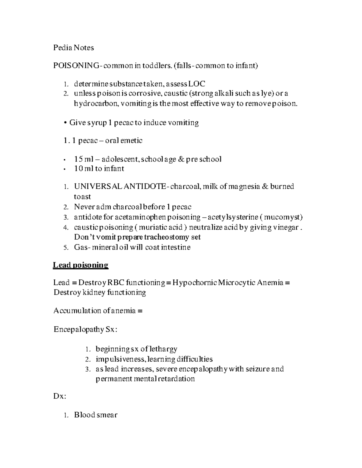 Pedia Notes - summary - Pedia Notes POISONING- common in toddlers ...
