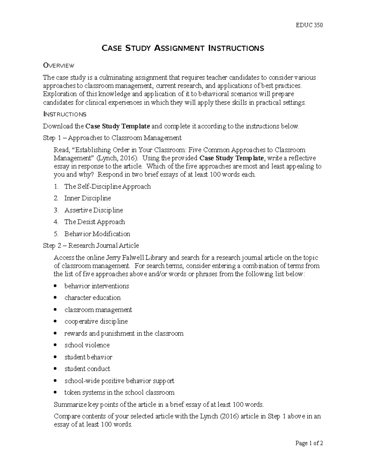 Case Study Assignment Instructions - EDUC 350 CASE STUDY ASSIGNMENT INSTRUCTIONS OVERVIEW The ...
