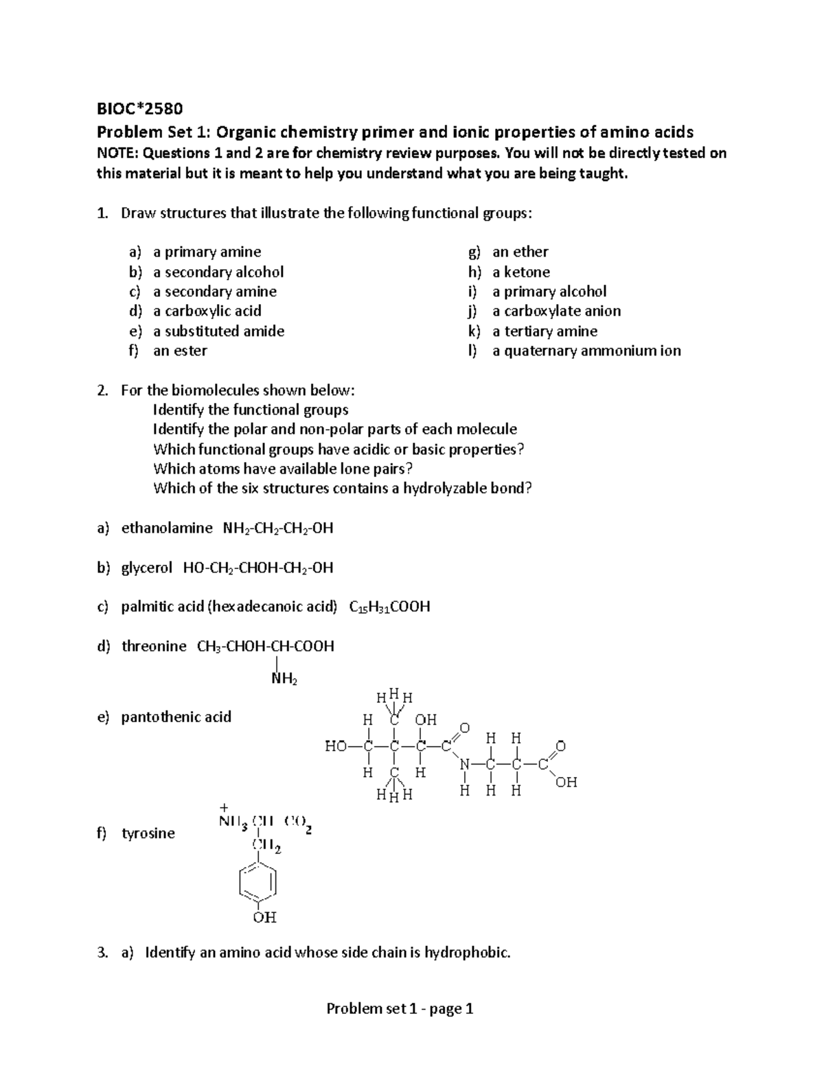 Biochem 2580 Problem Set Number 1 - Problem Set 1: Organic chemistry ...