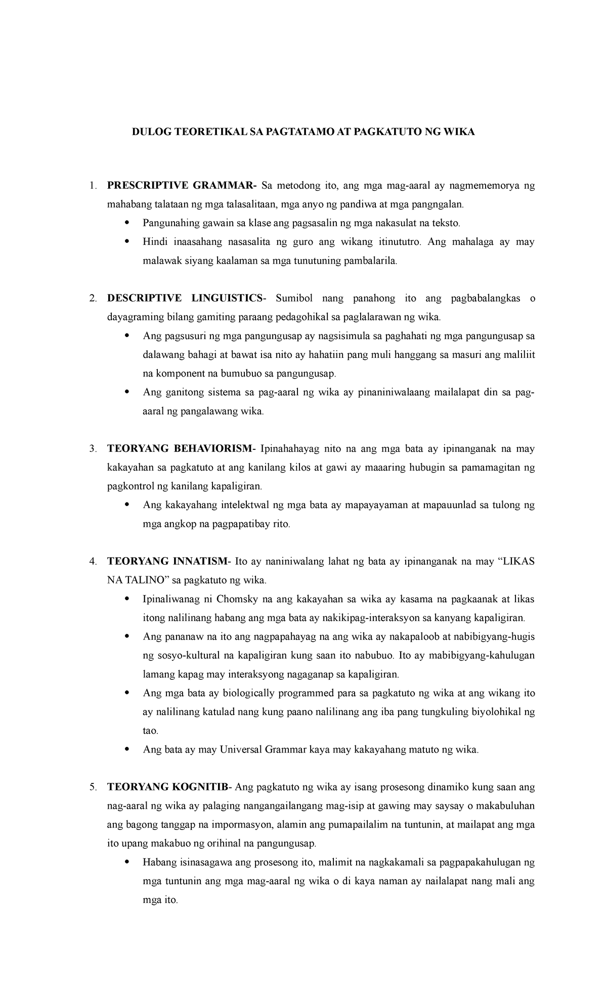 Dulog Teoretikal SA Pagtatamo AT Pagkatuto NG WIKA - DULOG TEORETIKAL ...