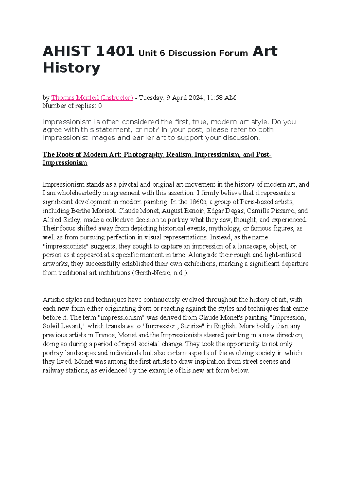 AHIST 1401 Unit 6 Discussion Forum Art History - AHIST 1401 Unit 6 ...
