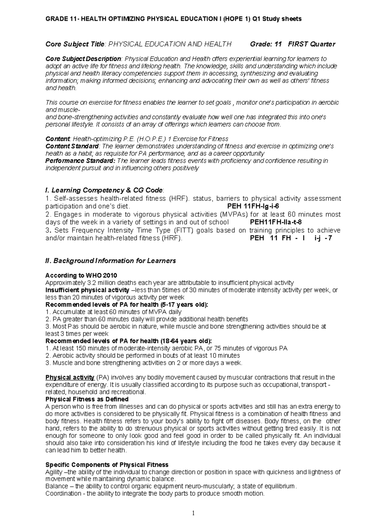 HOPE1 Q1 Study Sheets - Core Subject Title: PHYSICAL EDUCATION AND ...
