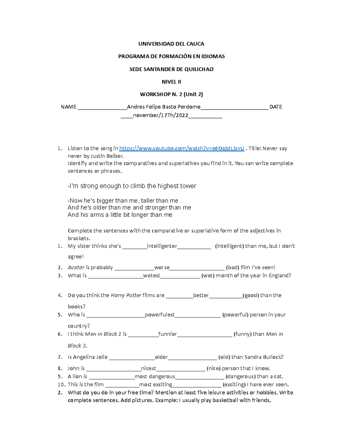Level II- UNIT 2- Workshop 2 - UNIVERSIDAD DEL CAUCA PROGRAMA DE ...