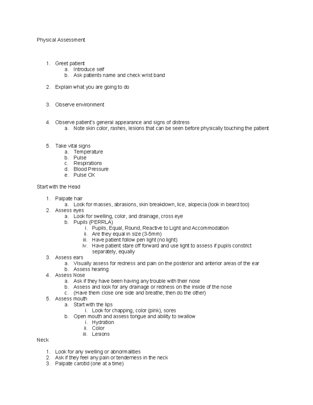 Physical Assessment Breakdown - Physical Assessment 1. Greet patient a ...